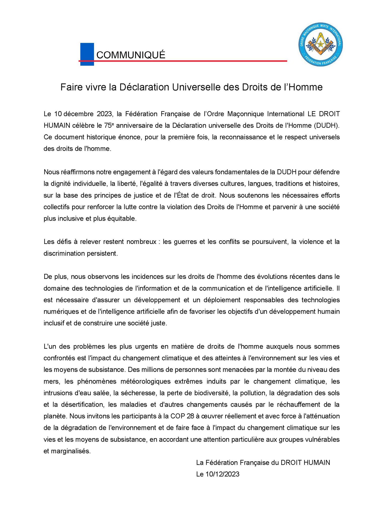 FAIRE VIVRE LA DÉCLARATION UNIVERSELLE DES DROITS DE L’HOMME – DROIT ...